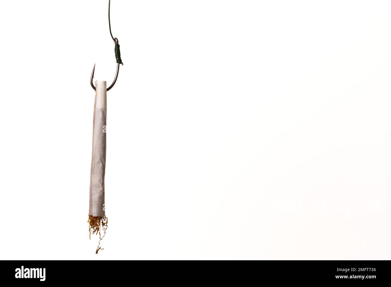 Marijuana cigarette hanging from a hook drug addiction concept close-up ...
