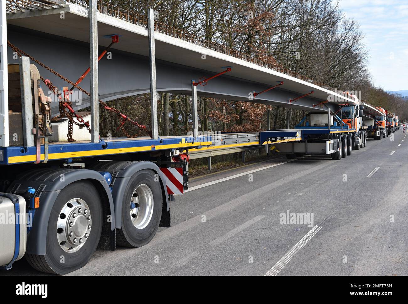 Low loader, transporting bridge parts, bridge elements to a ...