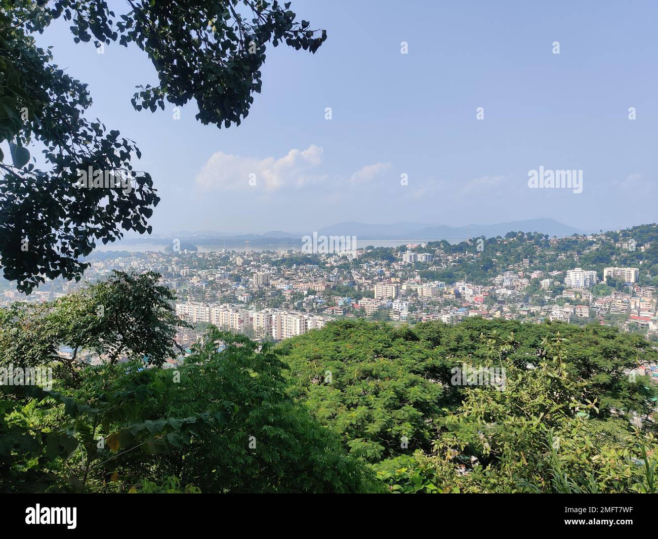 A bird's eye view of the Dhubri townscape surrounded by green ...