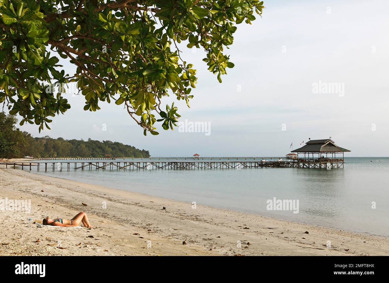 Beach and jetty on Pulau Tiga Island or Survivor Island, Pulau Tiga ...
