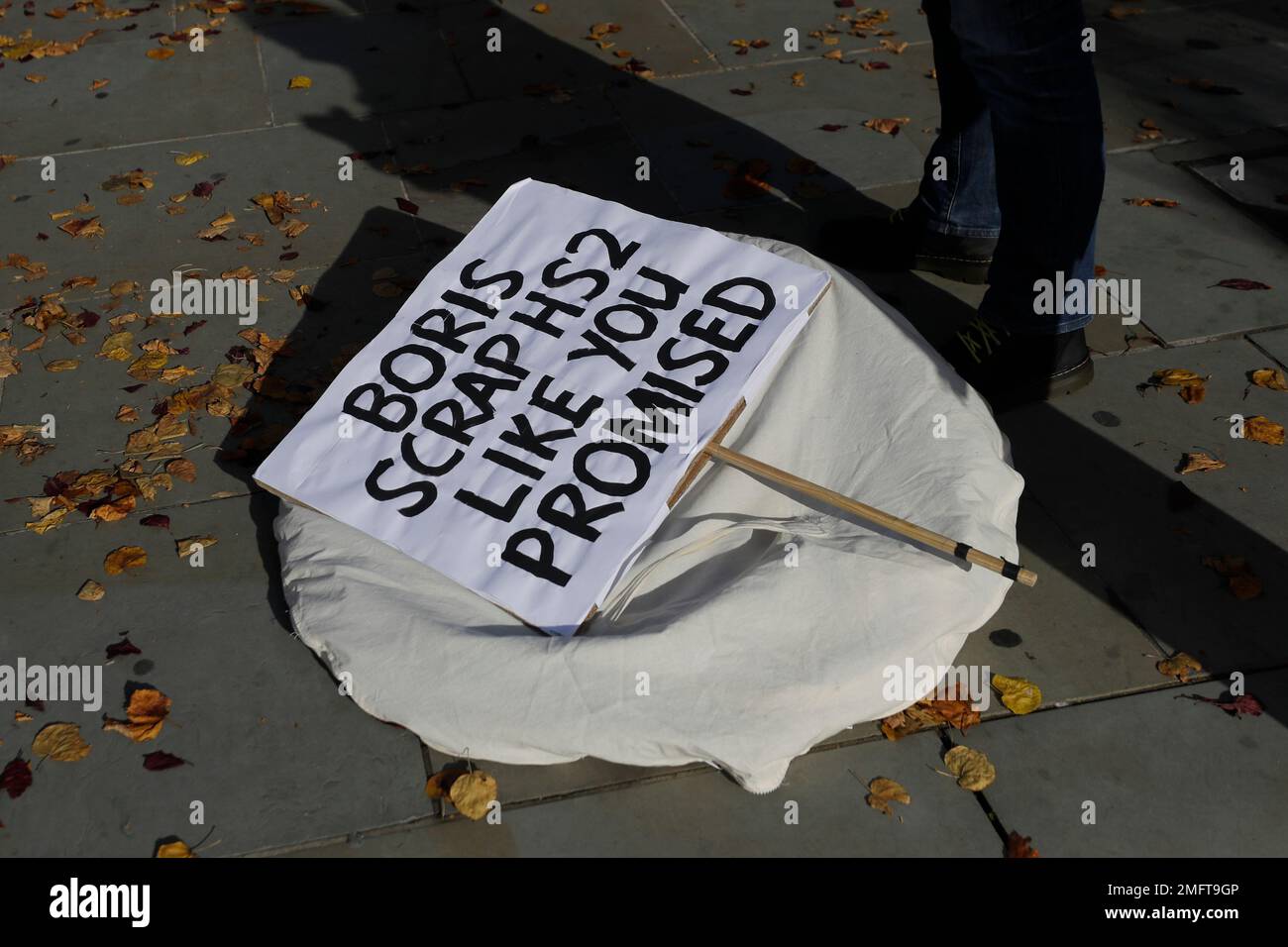 A banner lies on the ground during a high speed rail line (HS2) protest ...