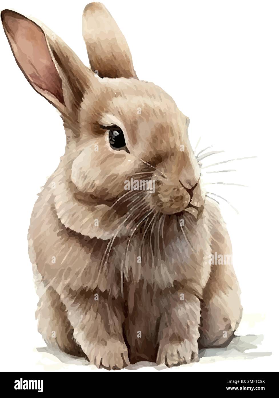 Watercolor illustration of a cute fluffy grey rabbit with pink ears in ...