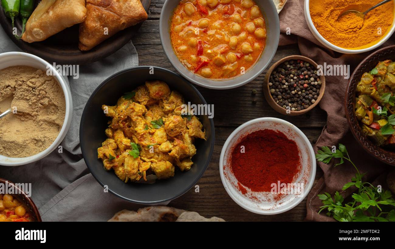 flat lay food wooden background Stock Photo - Alamy