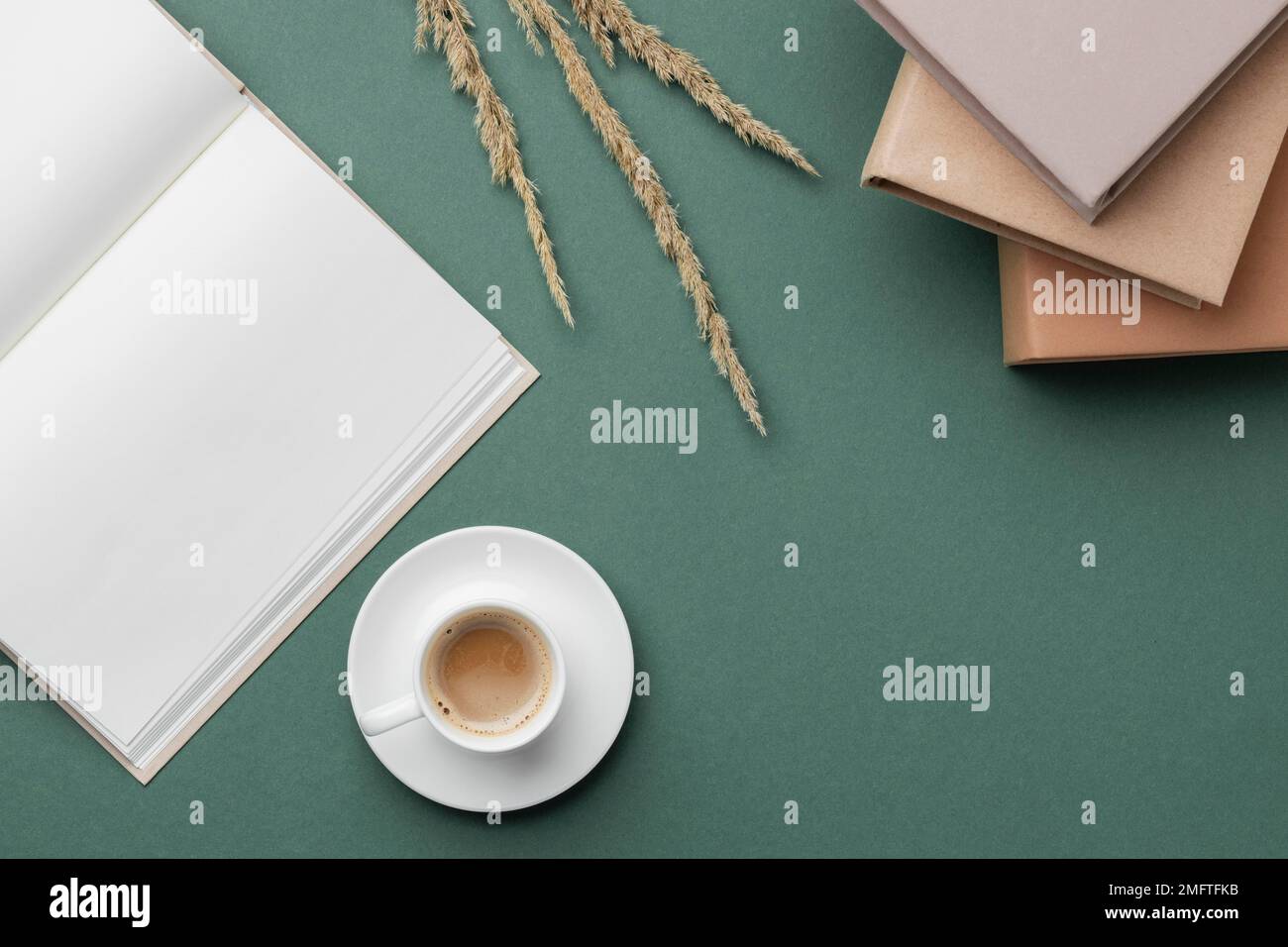 creative assortment with different books cup cofee Stock Photo - Alamy