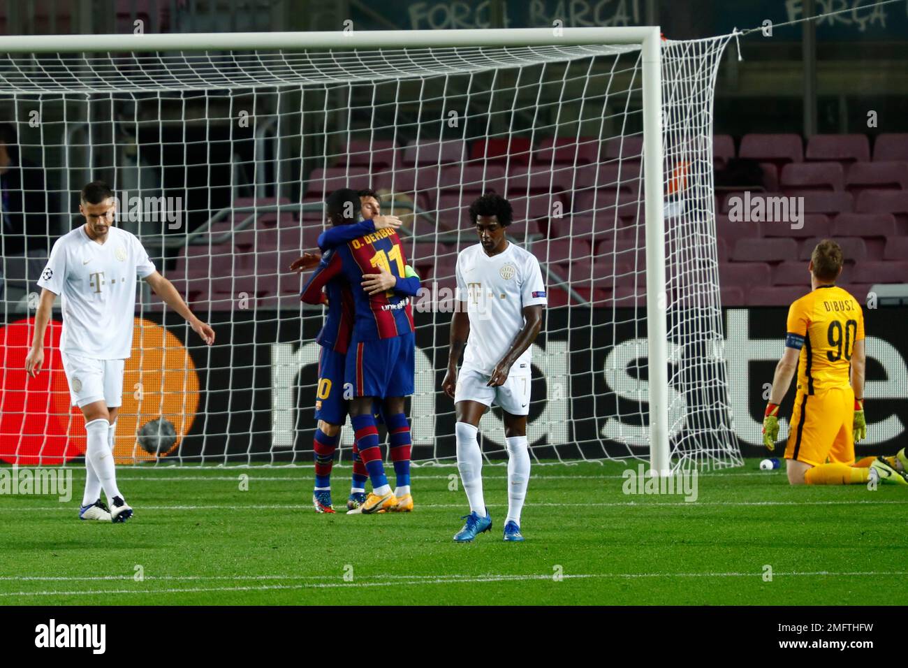 Barcelona's Ousmane Dembele, second right, background, celebrates with ...
