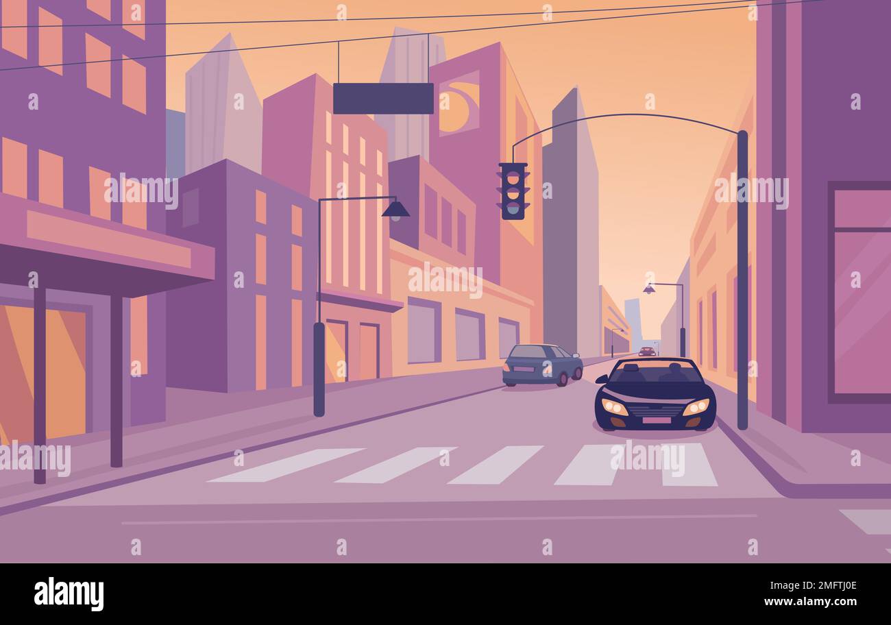 Urban street cityscape. Cars on road, empty streets and buildings ...