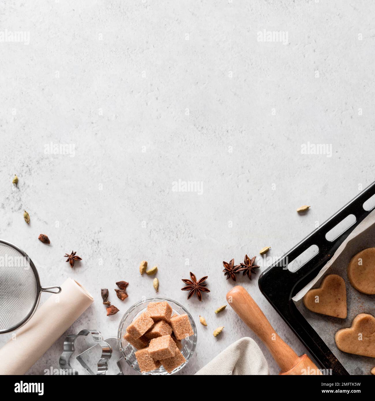 top view bakery ingredients with cookie tray Stock Photo - Alamy