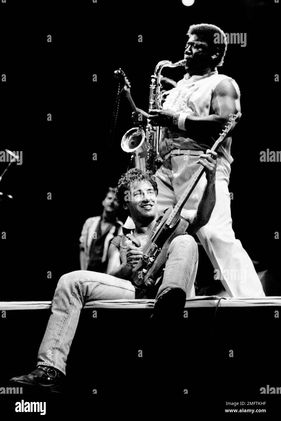 FILE - Bruce Springsteen performs with sax player Clarence Clemons in ...