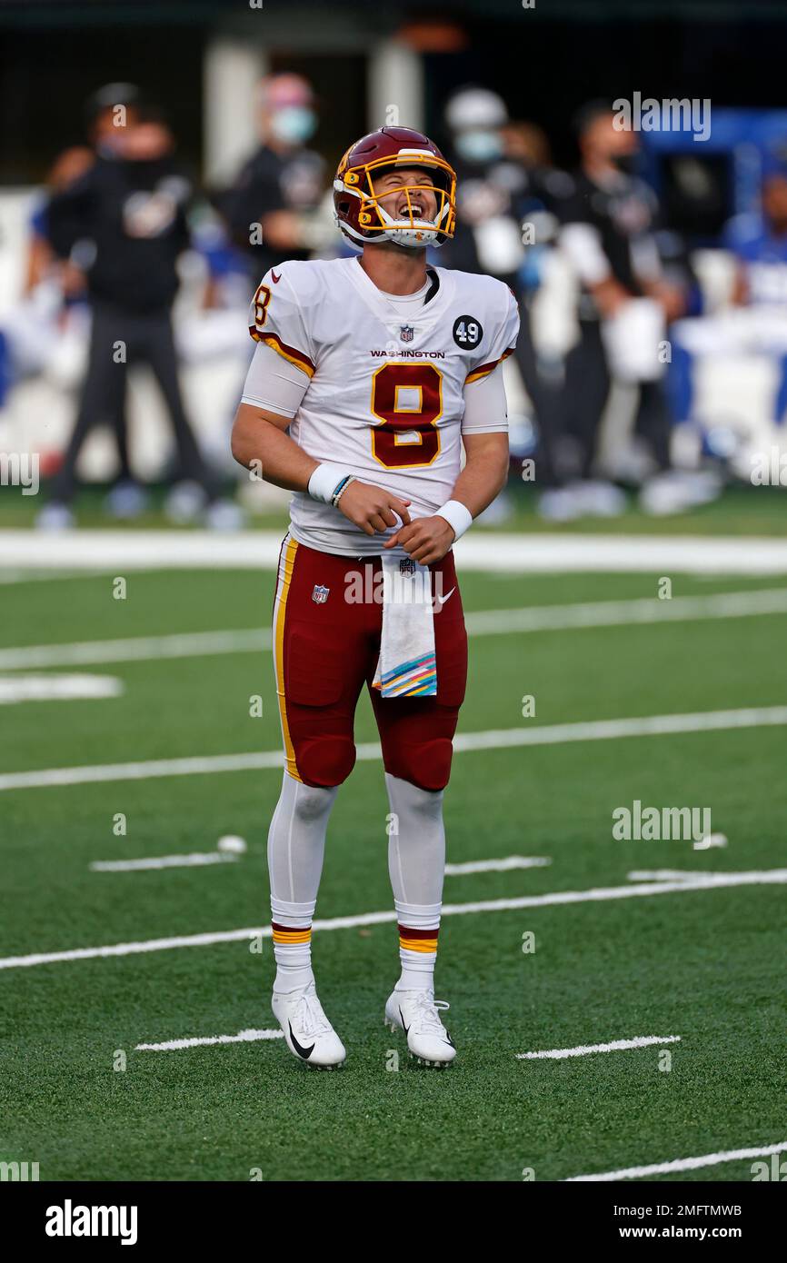 Washington Football Team quarterback Kyle Allen (8) reacts during an ...