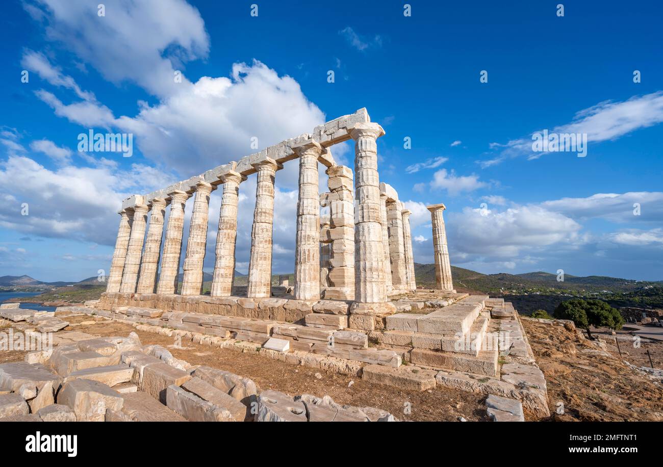 Ruin and columns of the ancient Temple of Poseidon, Cape Sounion ...