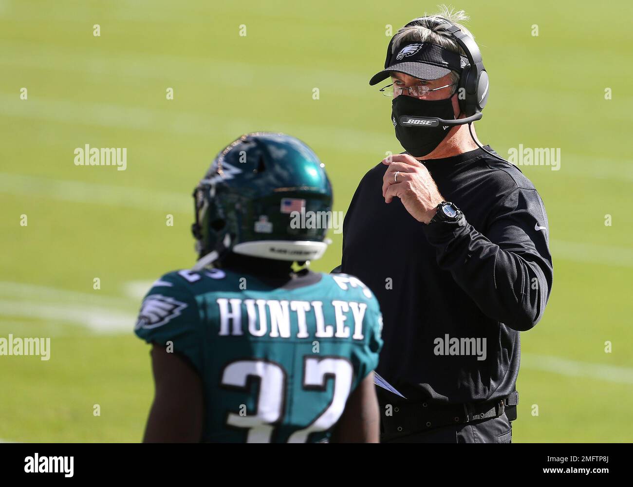 Philadelphia Eagles' head coach Doug Pederson talks with Jason Huntley ...