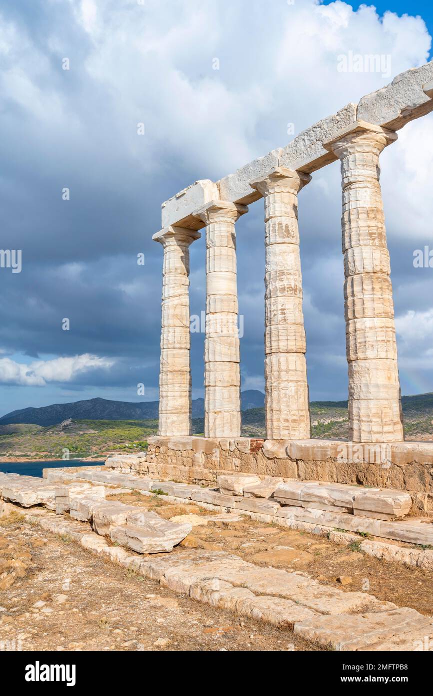 Ruin and columns of the ancient Temple of Poseidon, Cape Sounion ...