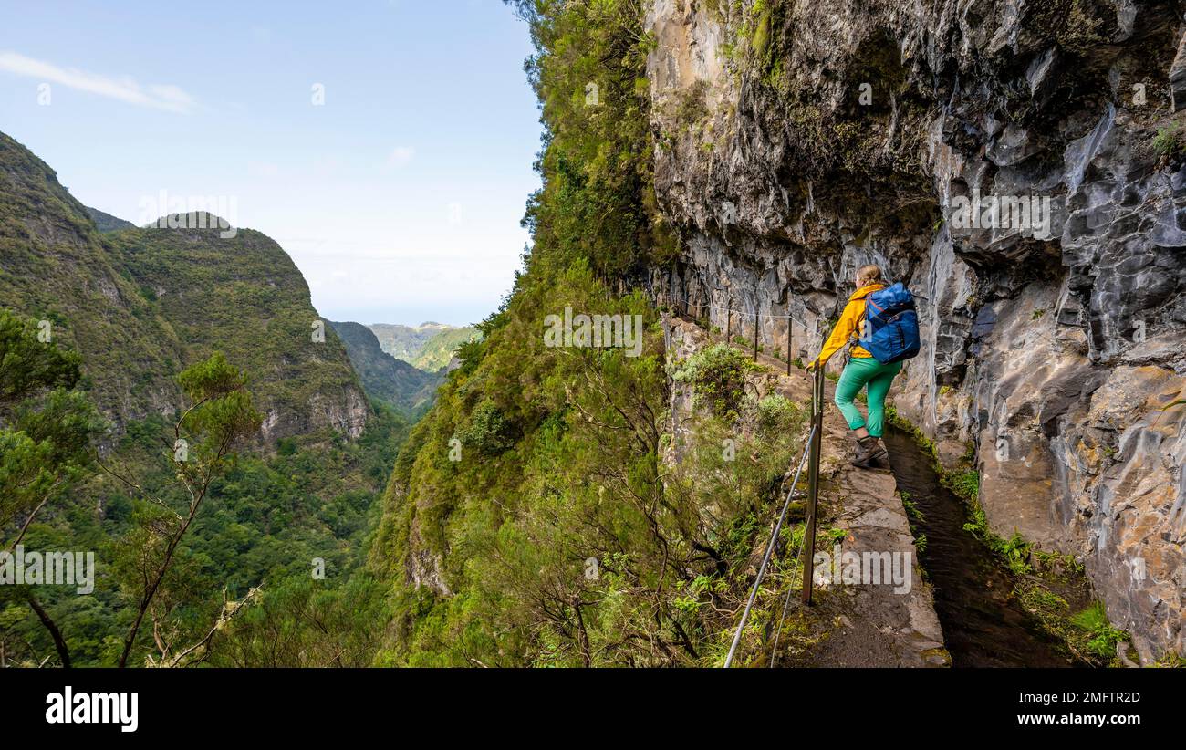 Hiker on a Levada, PR9 Levada do Caldeirao Verde, Madeira, Portugal ...