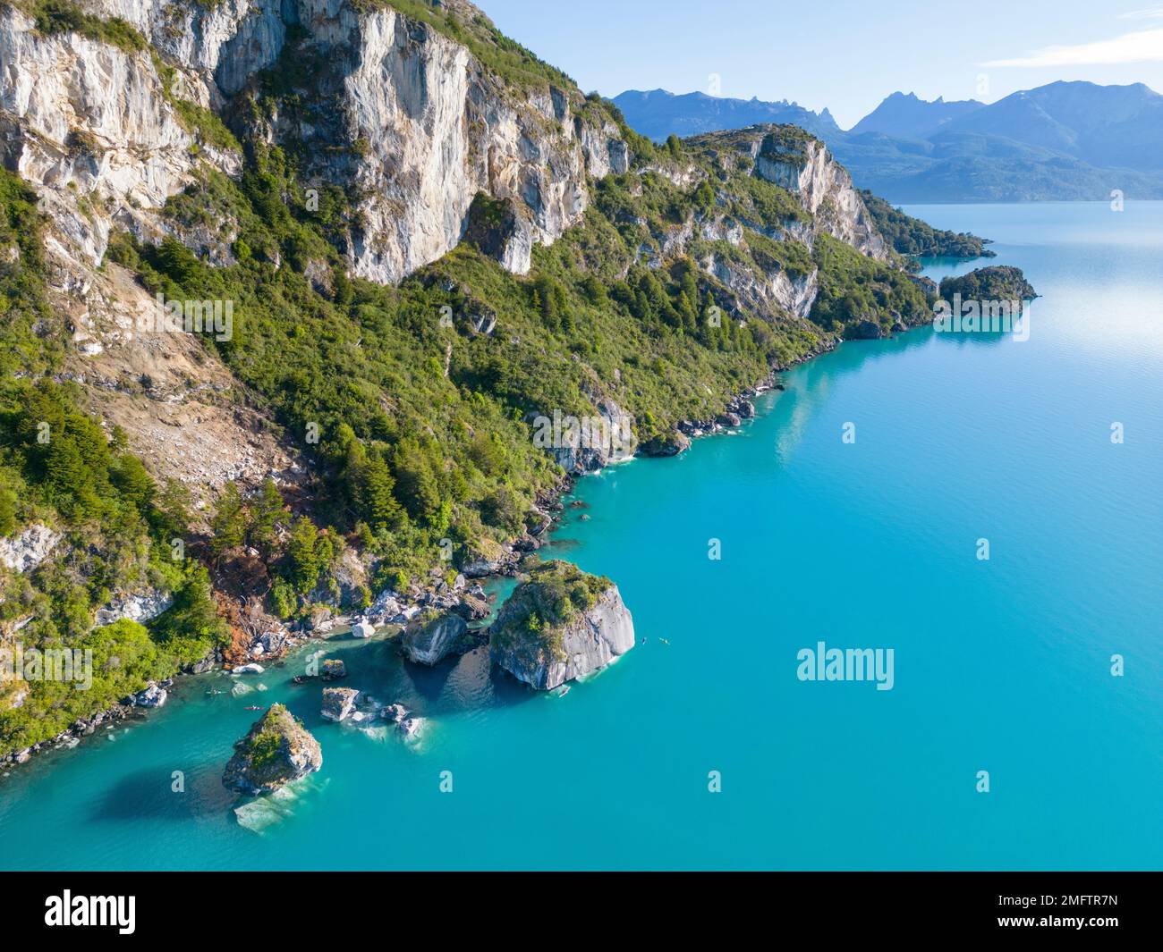 Aerial view of the picturesque Marble Caves near Puerto Rio Tranquilo ...