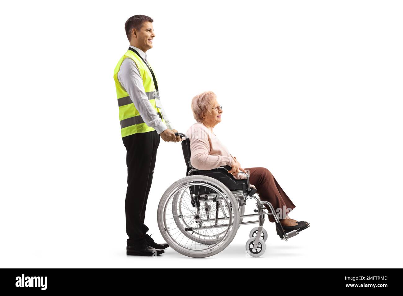 Full length profile shot of a security guard with a woman in a ...