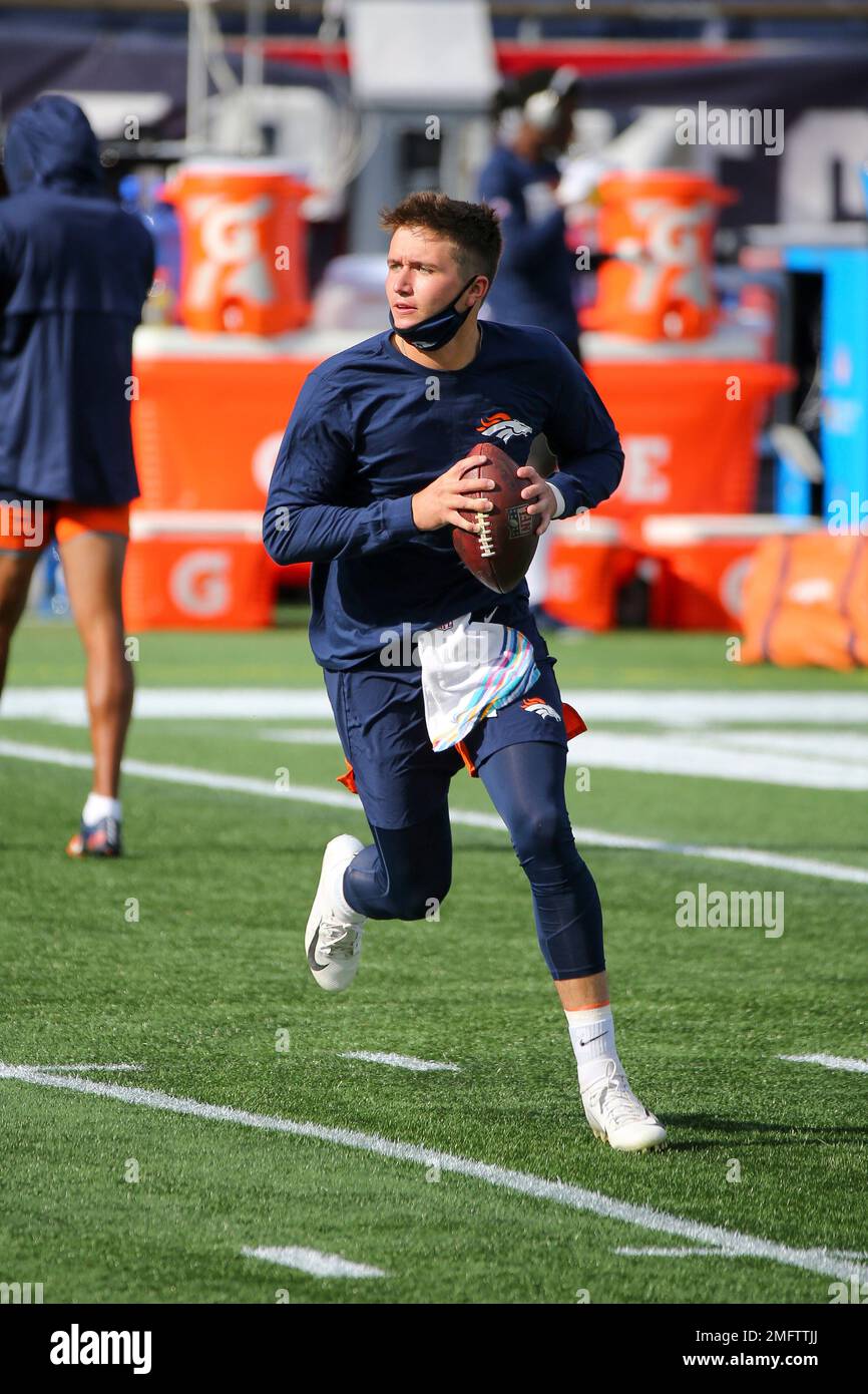 Denver Broncos quarterback Drew Lock (3) warms up prior to an NFL ...