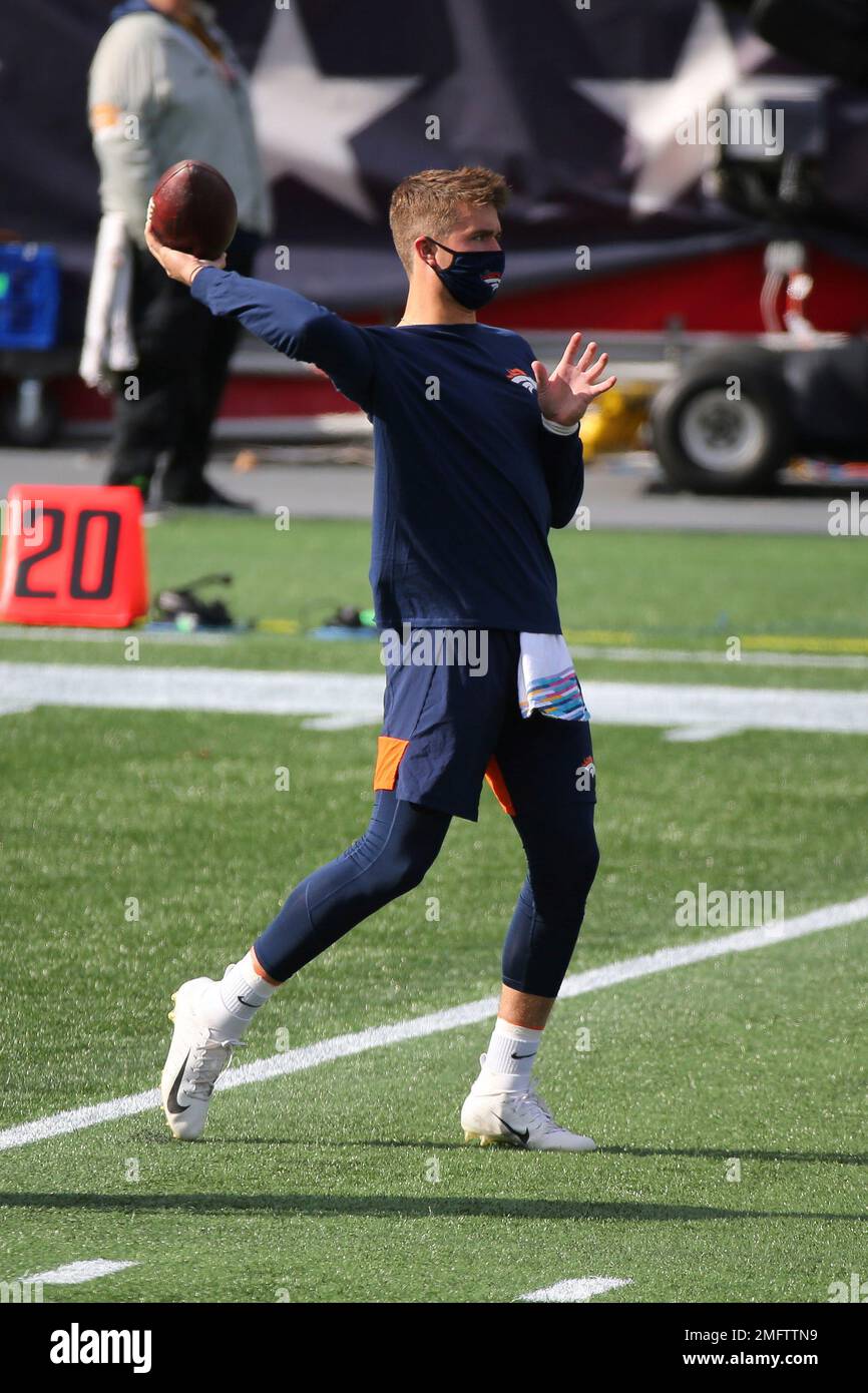 Denver Broncos quarterback Drew Lock (3) warms up prior to an NFL ...