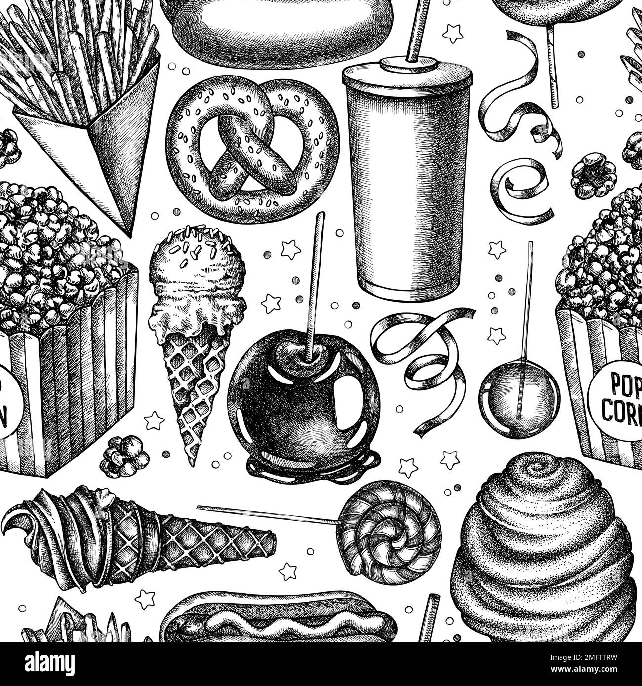Carnival food seamless pattern background design. Engraved style. Hand ...