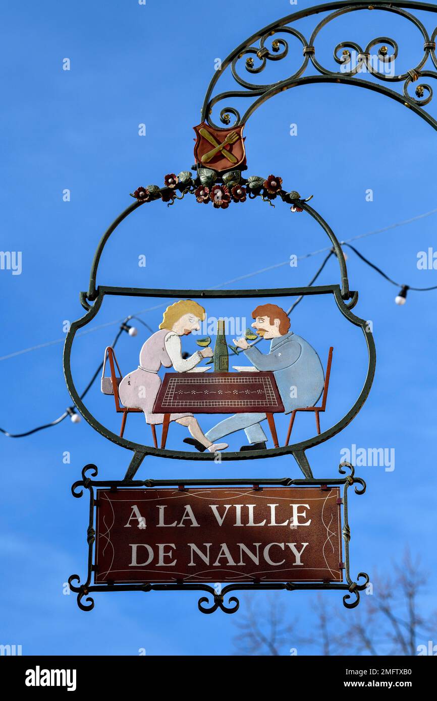 Sign at the restaurant A la Ville de Nancy, Eguisheim, Departement Haut ...