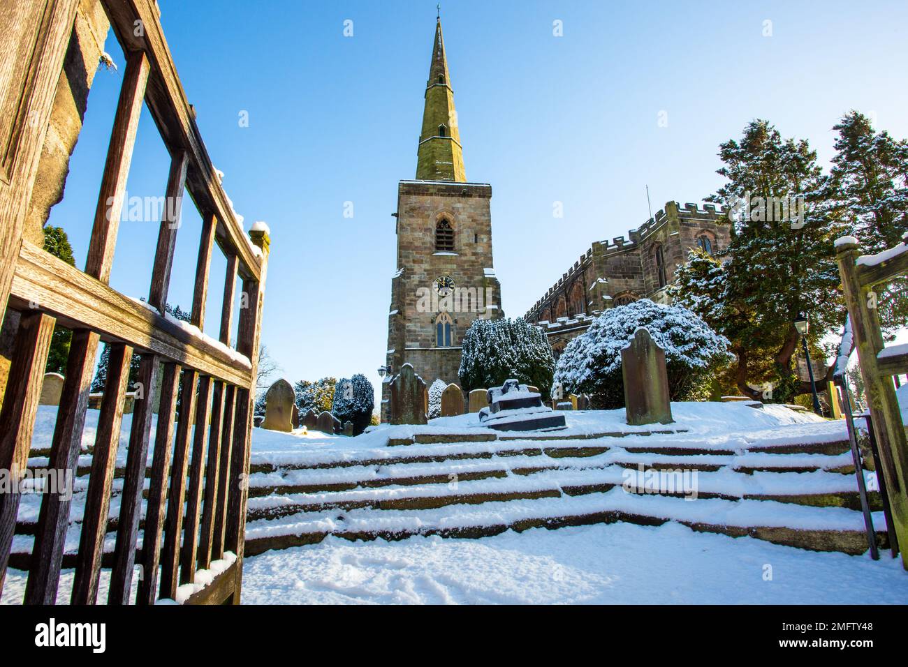 The snow covered St Mary's parish church at Astbury near Congleton ...