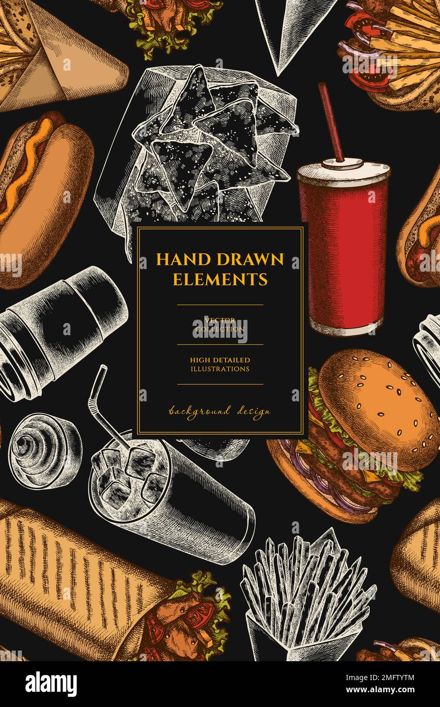 Street food pattern card design. Hand drawn sauces, nachos, soda, gyros ...