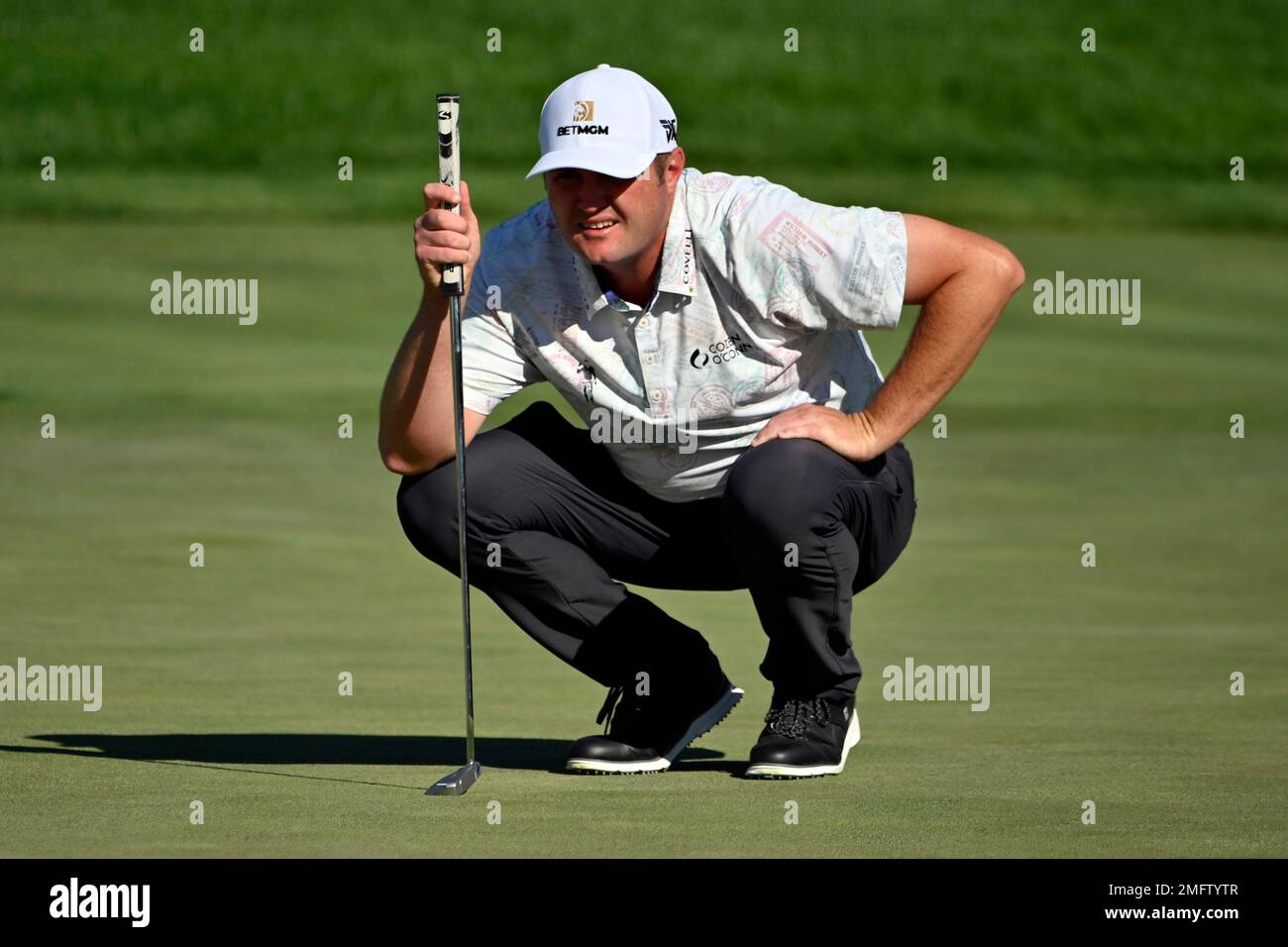 Jason Kokrak lines up a putt during the final round of the CJ Cup golf ...