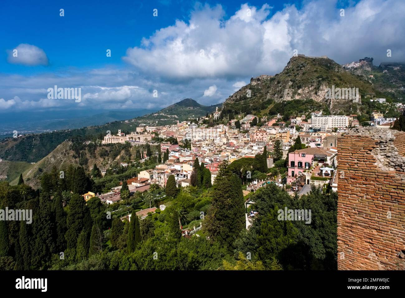 Aerial view of the town of Taormina from the ancient theatre, Teatro ...