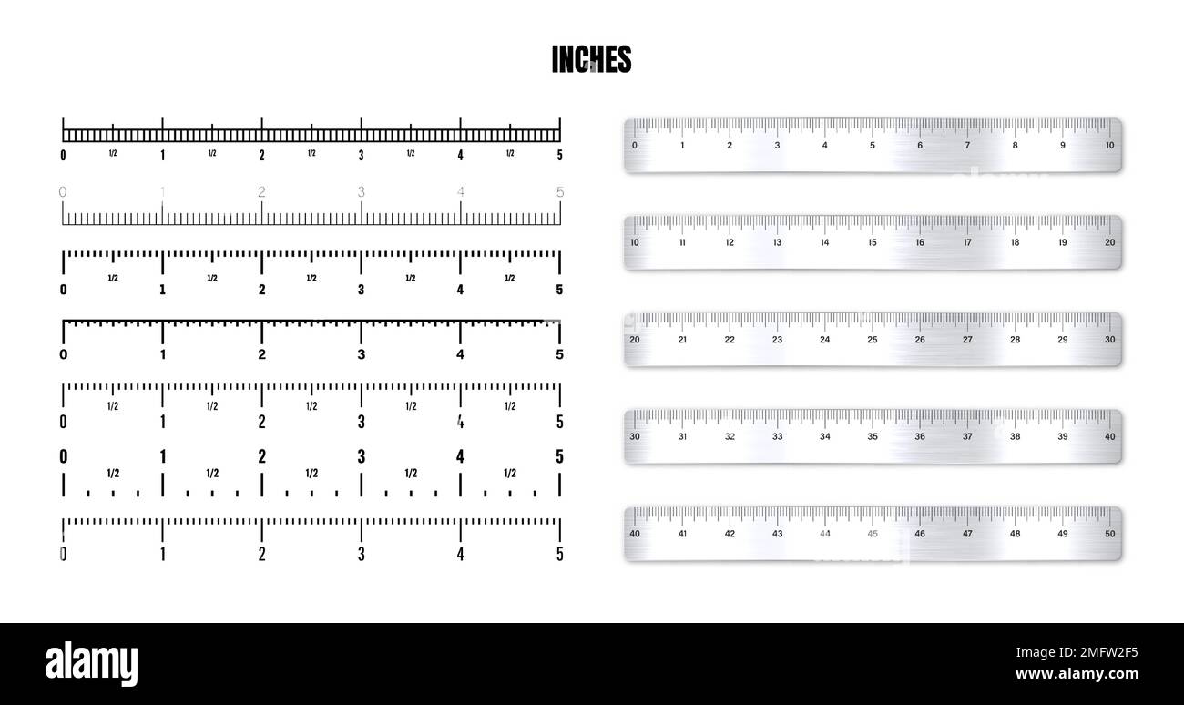 Realistic metal rulers with black inch scale for measuring length or ...