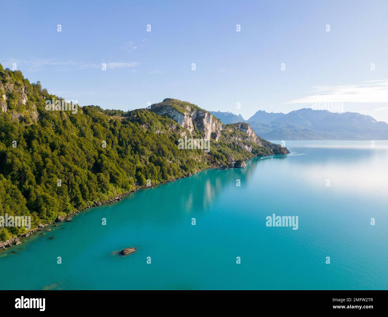 Aerial view of the picturesque Marble Caves near Puerto Rio Tranquilo ...