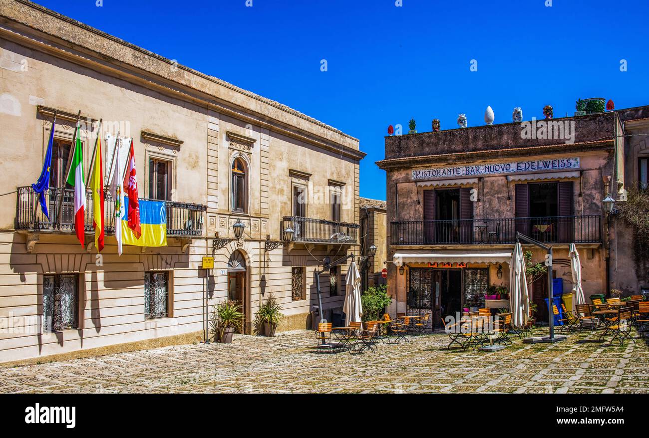 Old town alleys with piazza, medieval town of Erice, impresses with its ...