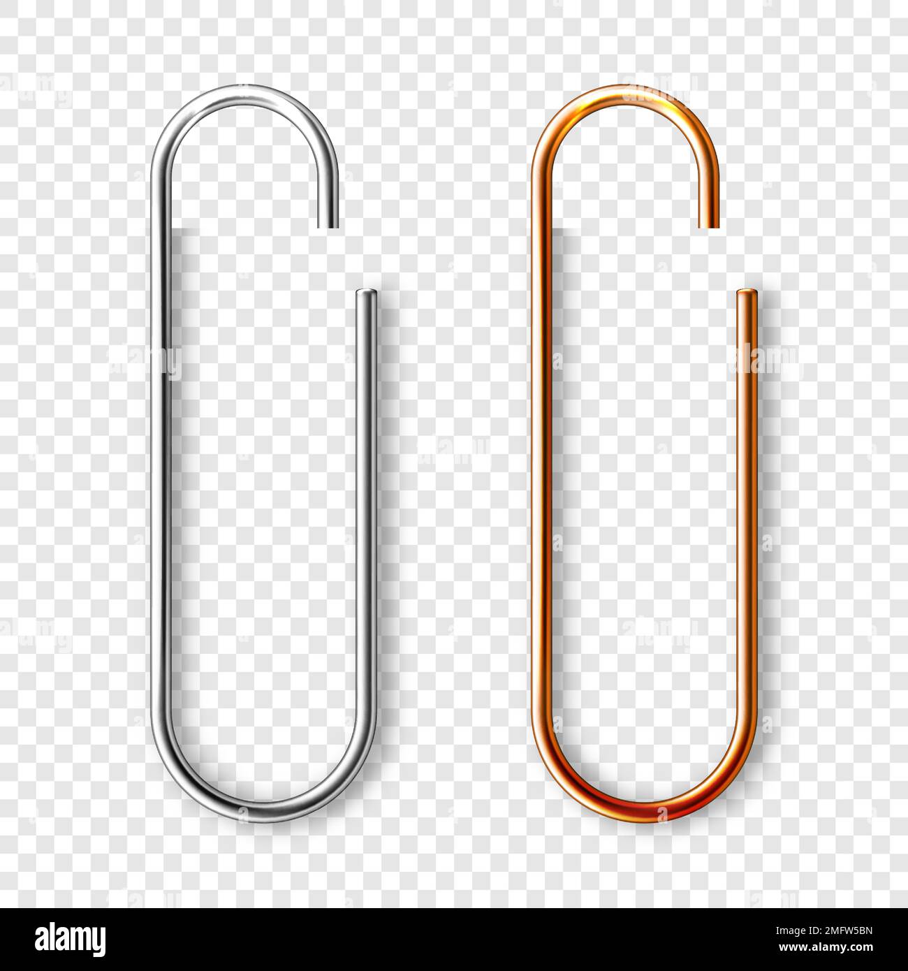 Realistic copper and steel paperclips attached to paper. Shiny metal ...