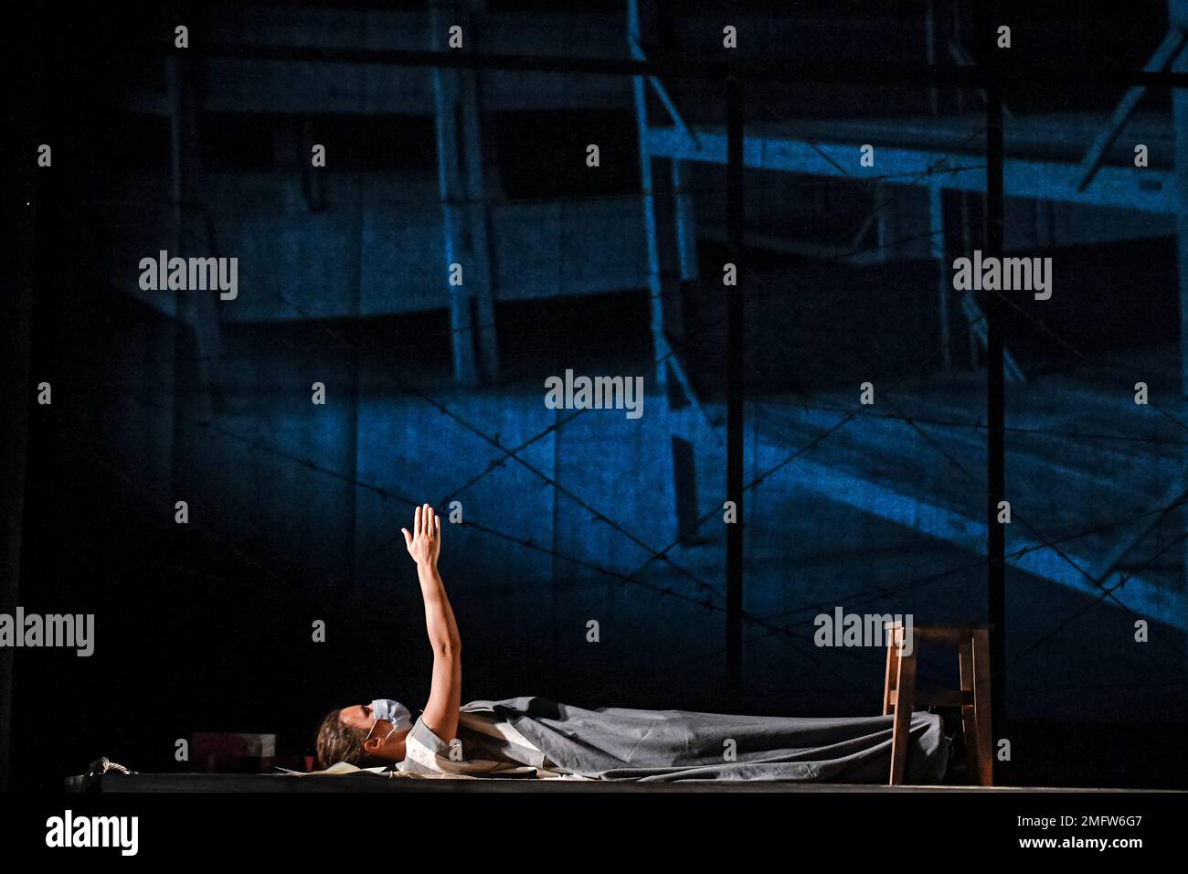 Alexandra Fasola of the Jewish State Theatre performs, wearing a face ...