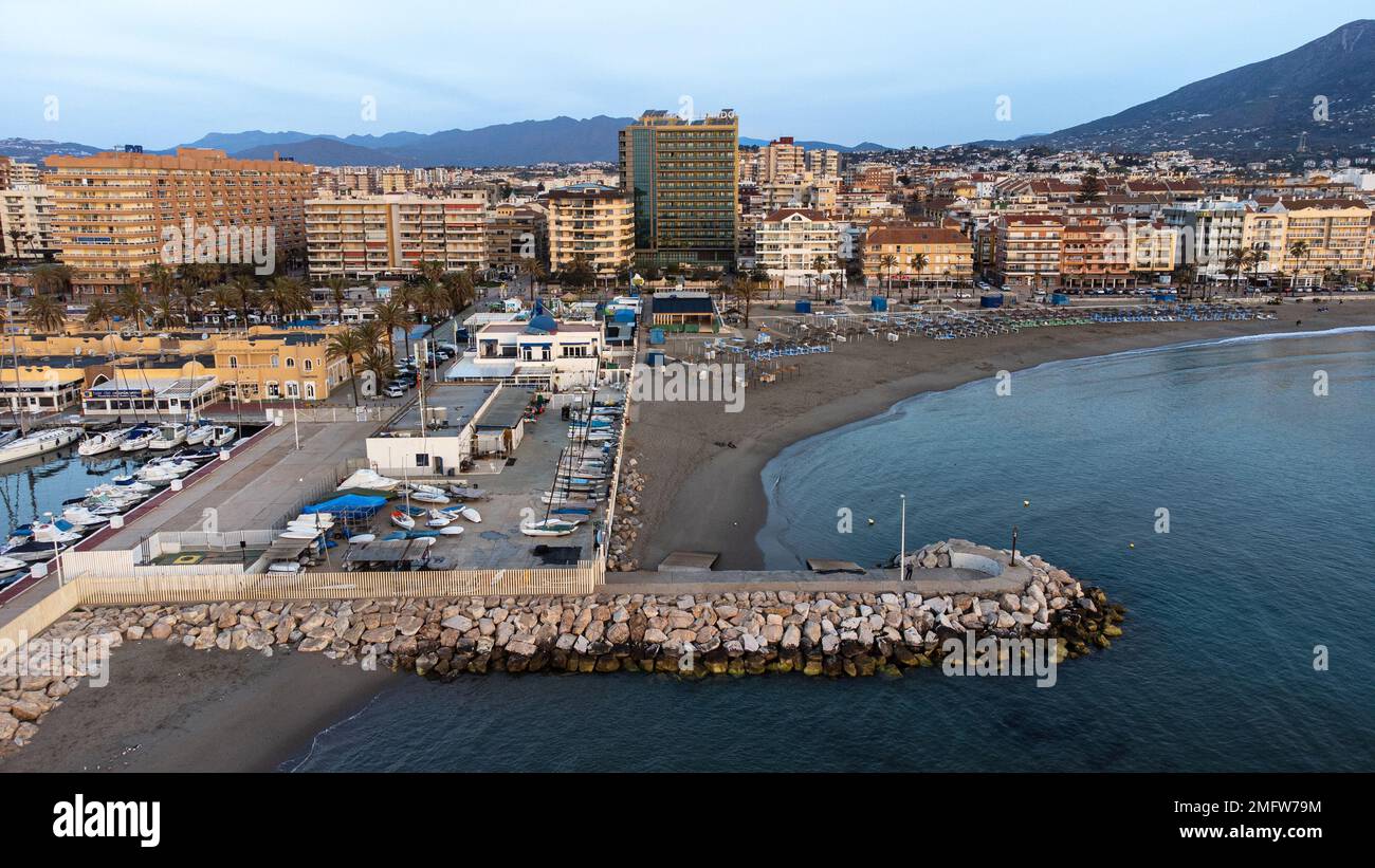 Fuengirola city aerieal view from the sea. Dawn. Fuengirola, Costa del ...