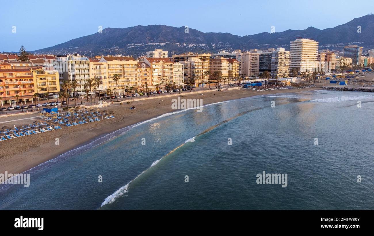 Aerial view of Fuengirola seafront, beach, mountains and Mediterranean ...