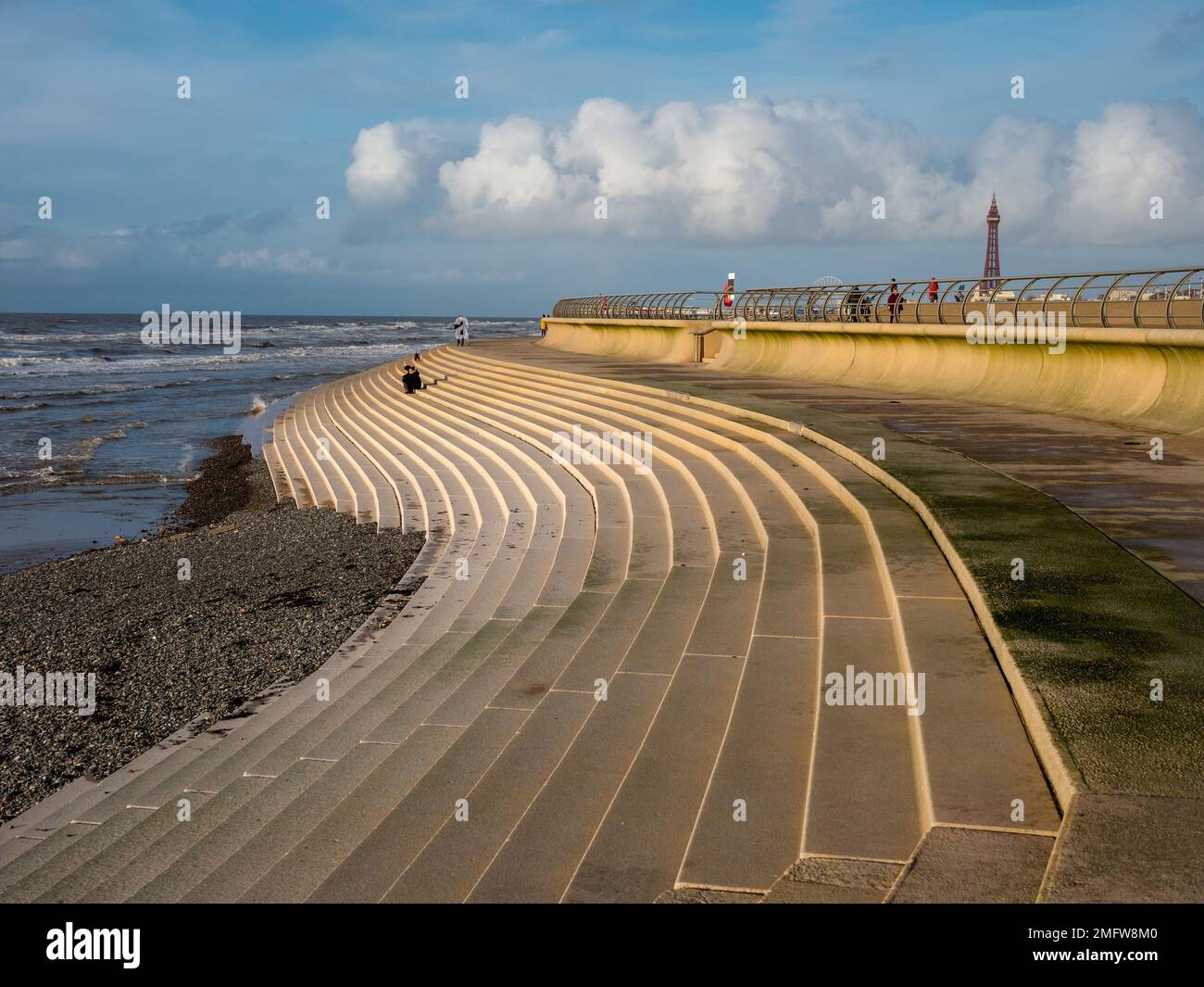 Blackpool Lancashire UK Jan 2023 sea wall steps with people sat gazing ...