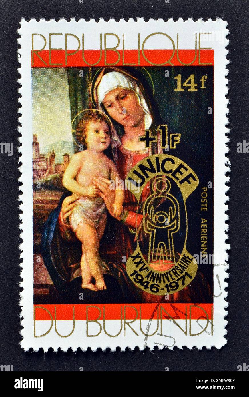 Cancelled postage stamp printed by Burundi, that shows painting Madonna ...