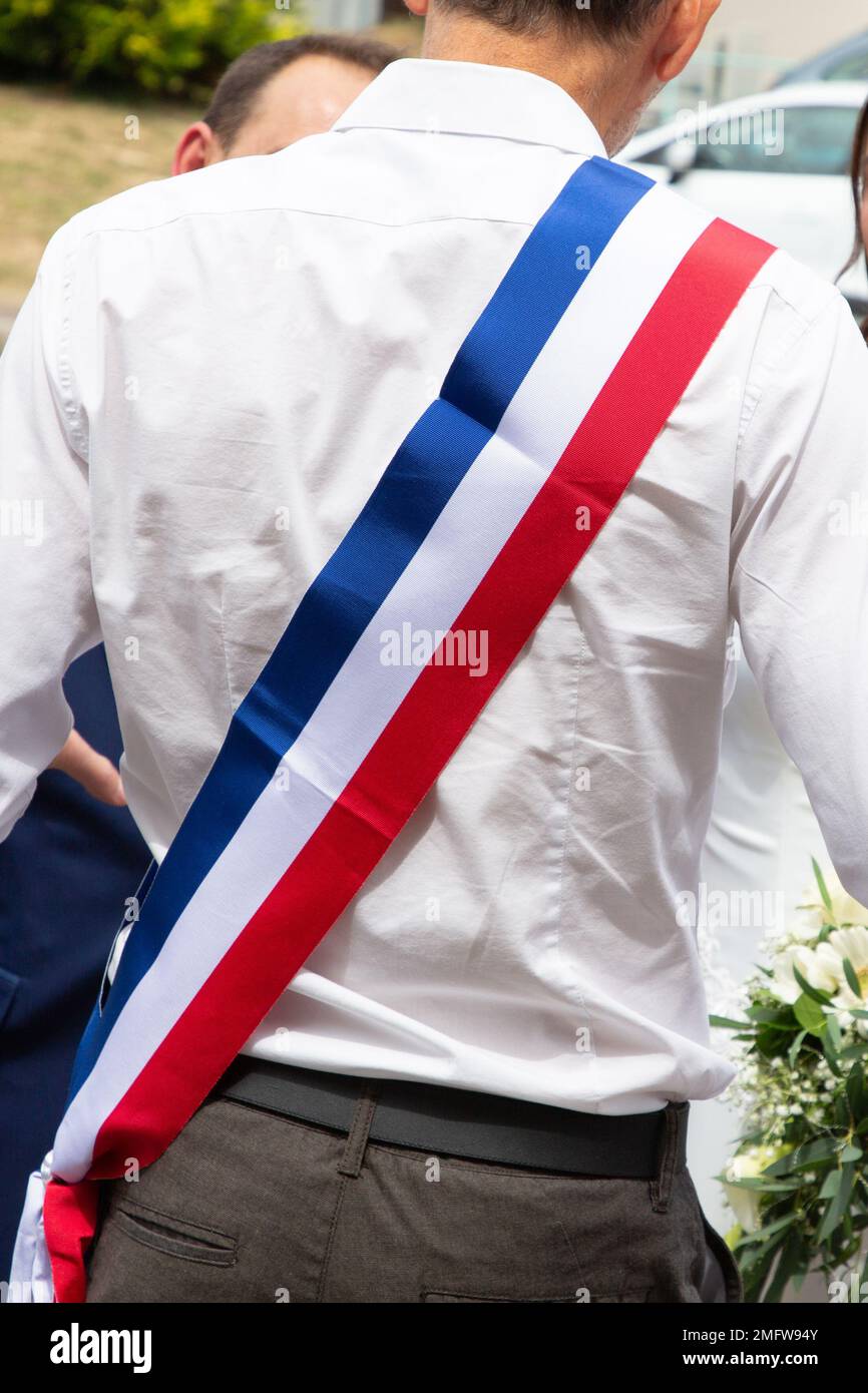 back rear view of french mayor of the city during an official ...