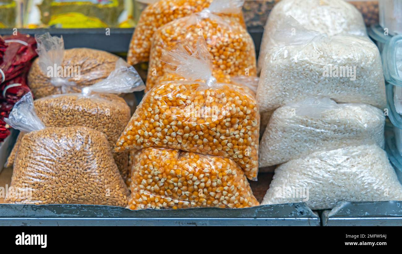 Wheat Corn Rice Grains Seeds in Bulk Bags Stock Photo - Alamy