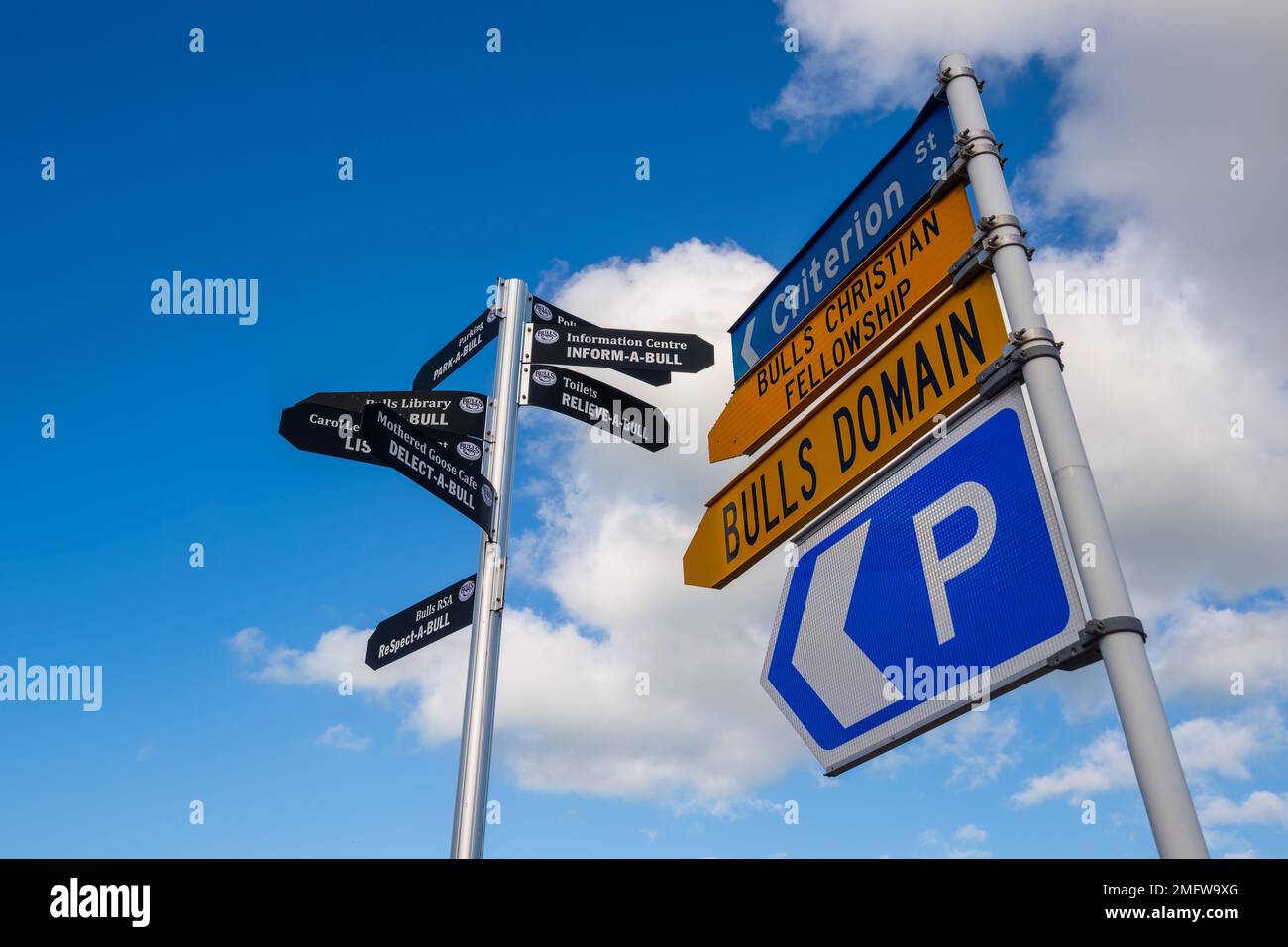 A low-angle of the famous sign pointing at the "a-bull" locations in ...