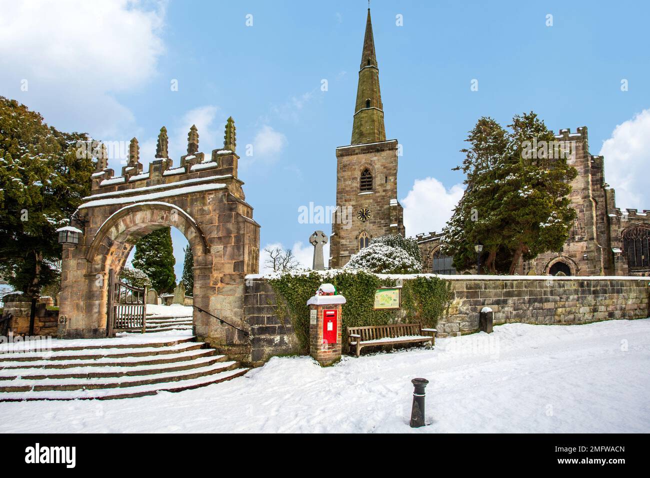 The snow covered St Mary's parish church at Astbury near Congleton ...