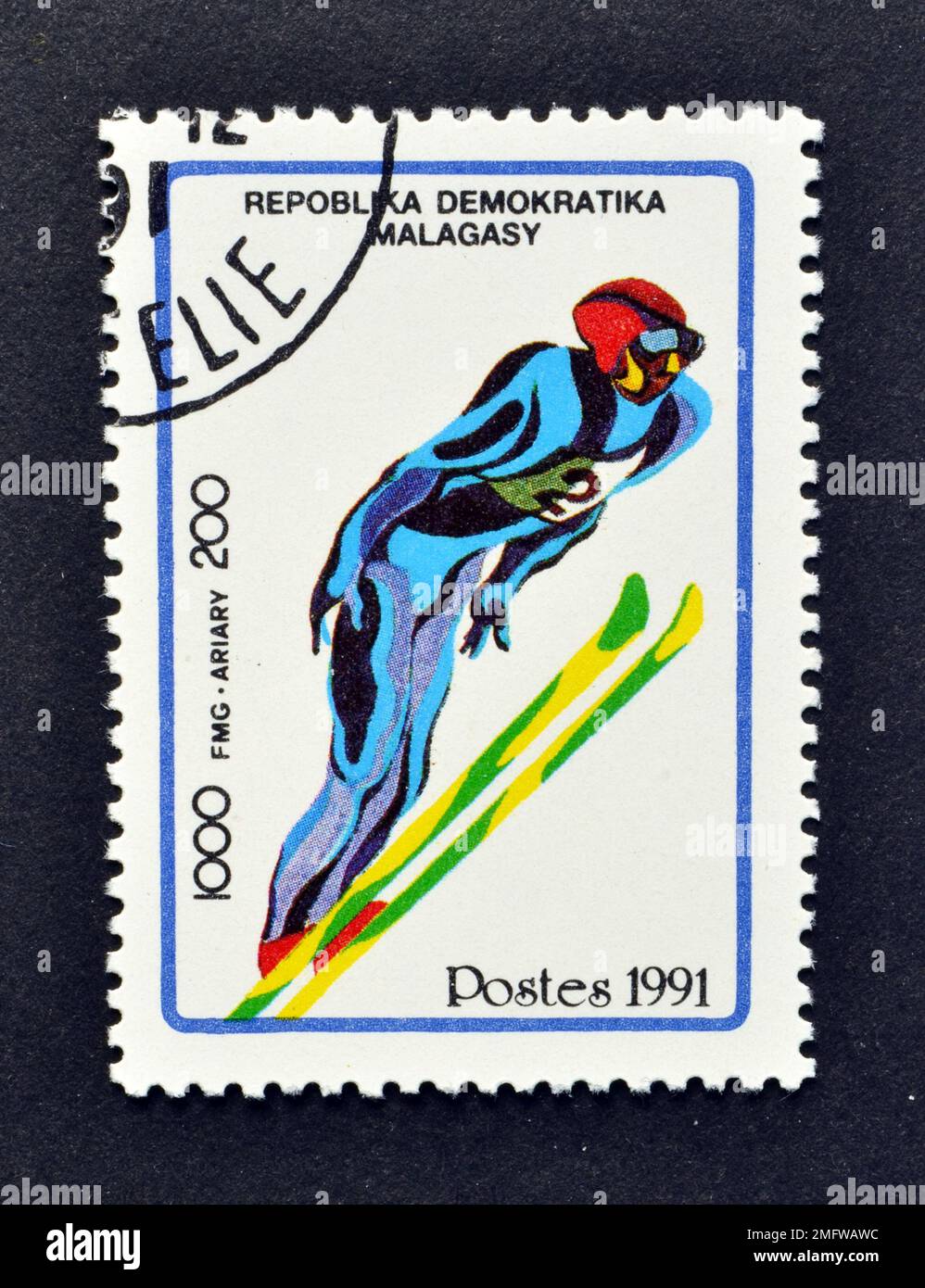 Cancelled postage stamp printed by Madagascar, that shows Ski jump ...