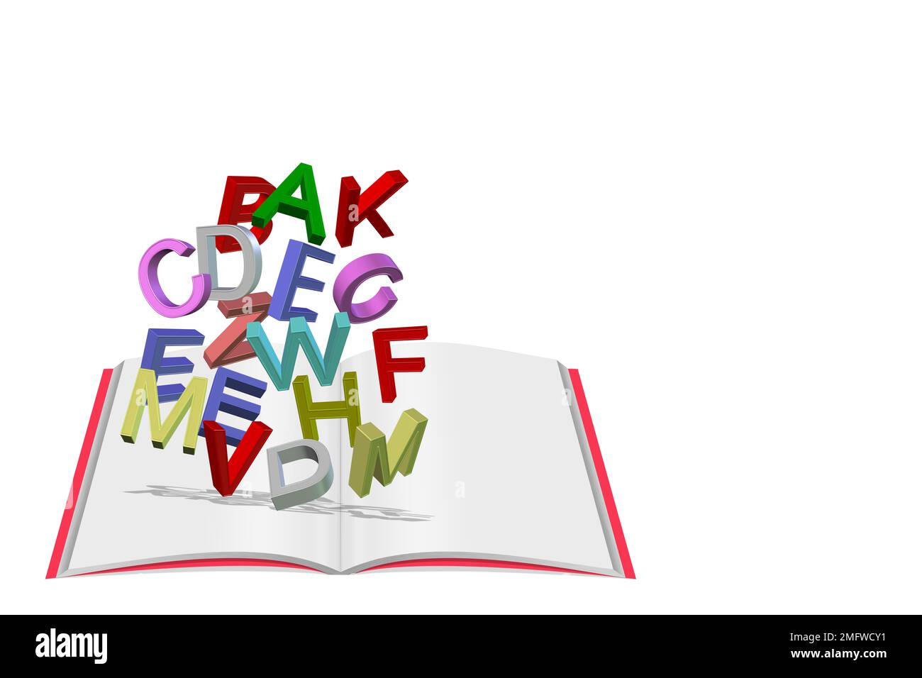 Book and falling letters as a 3D illustration Stock Photo - Alamy