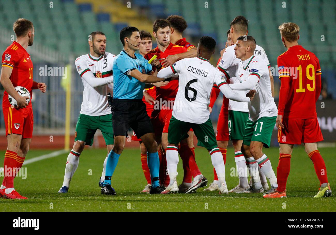 Bulgarian and Wales players scuffle, during the UEFA Nations League ...