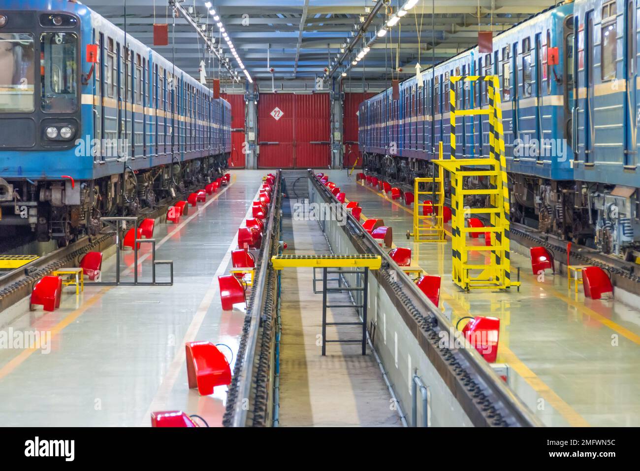 Repair pit ditch in the depot for metro trains with live electric rail ...