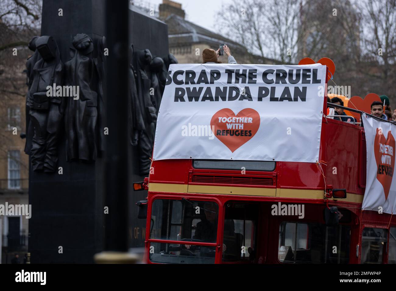 London, UK. 25th Jan, 2023. Rwanda flights protest bus, Whitehall ...