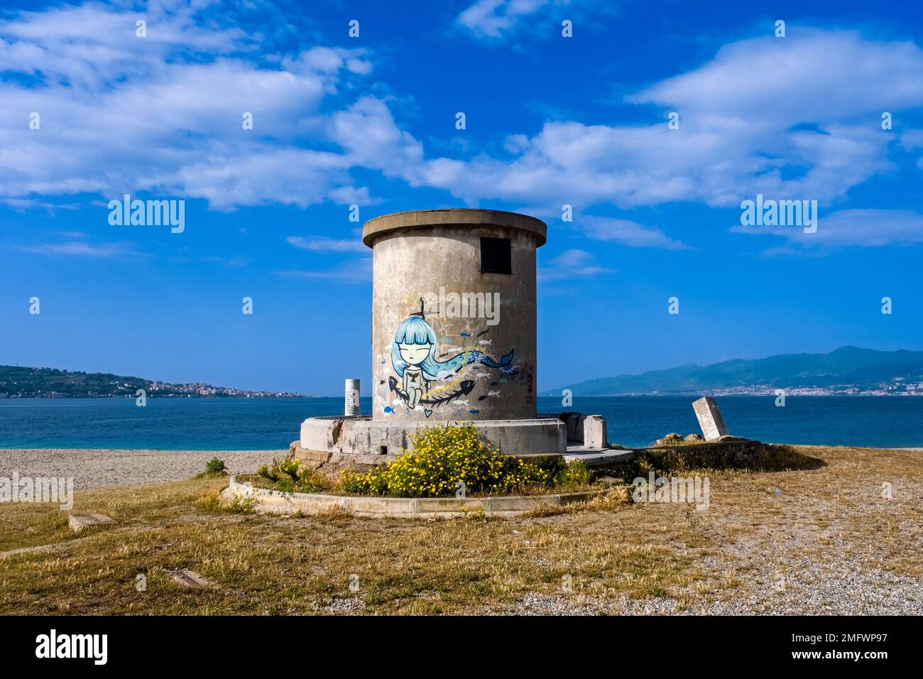 A concrete tower at Capo Peloro near to the village of Torre Faro, the ...