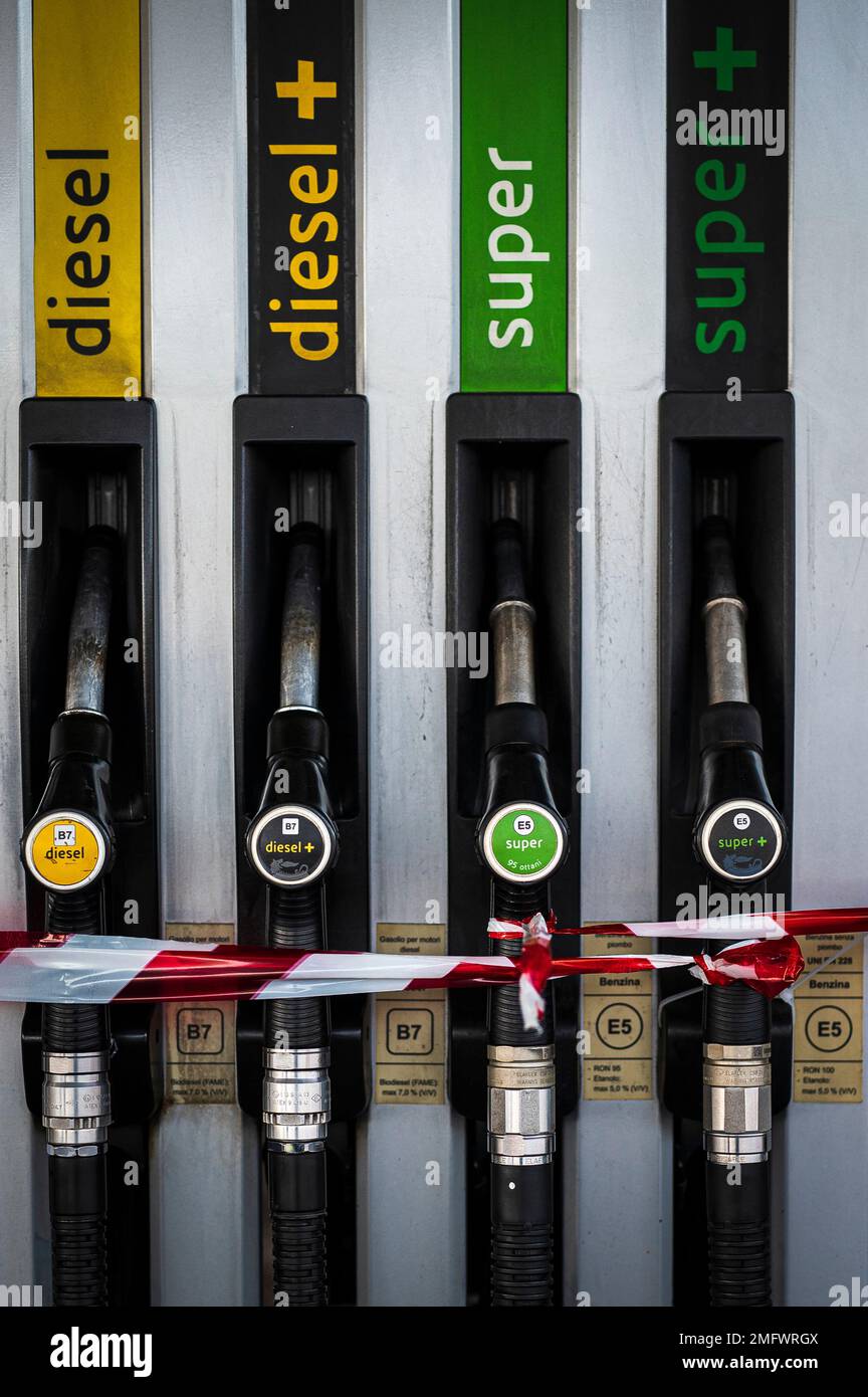 Turin, Italy. 25 January 2023. Petrol pumps are seen at a ENI petrol ...