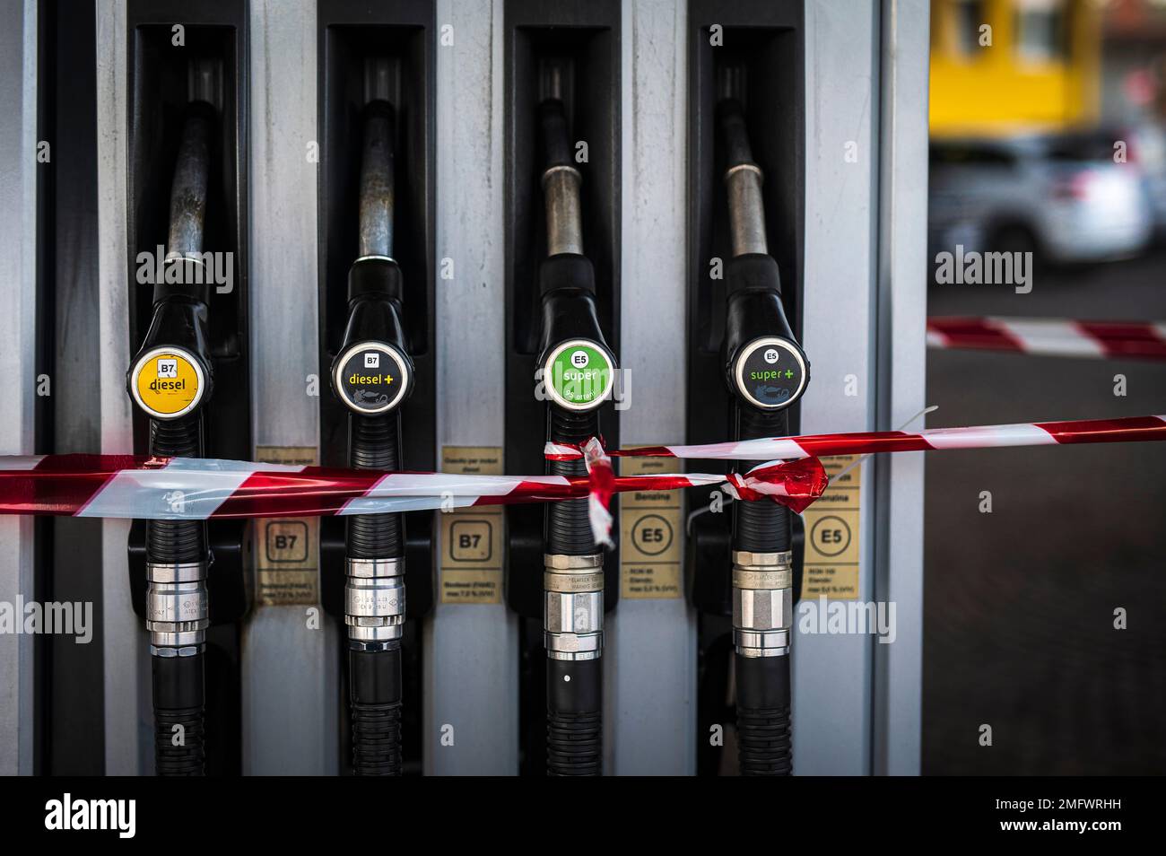 Turin, Italy. 25 January 2023. Petrol pumps are seen at a ENI petrol ...