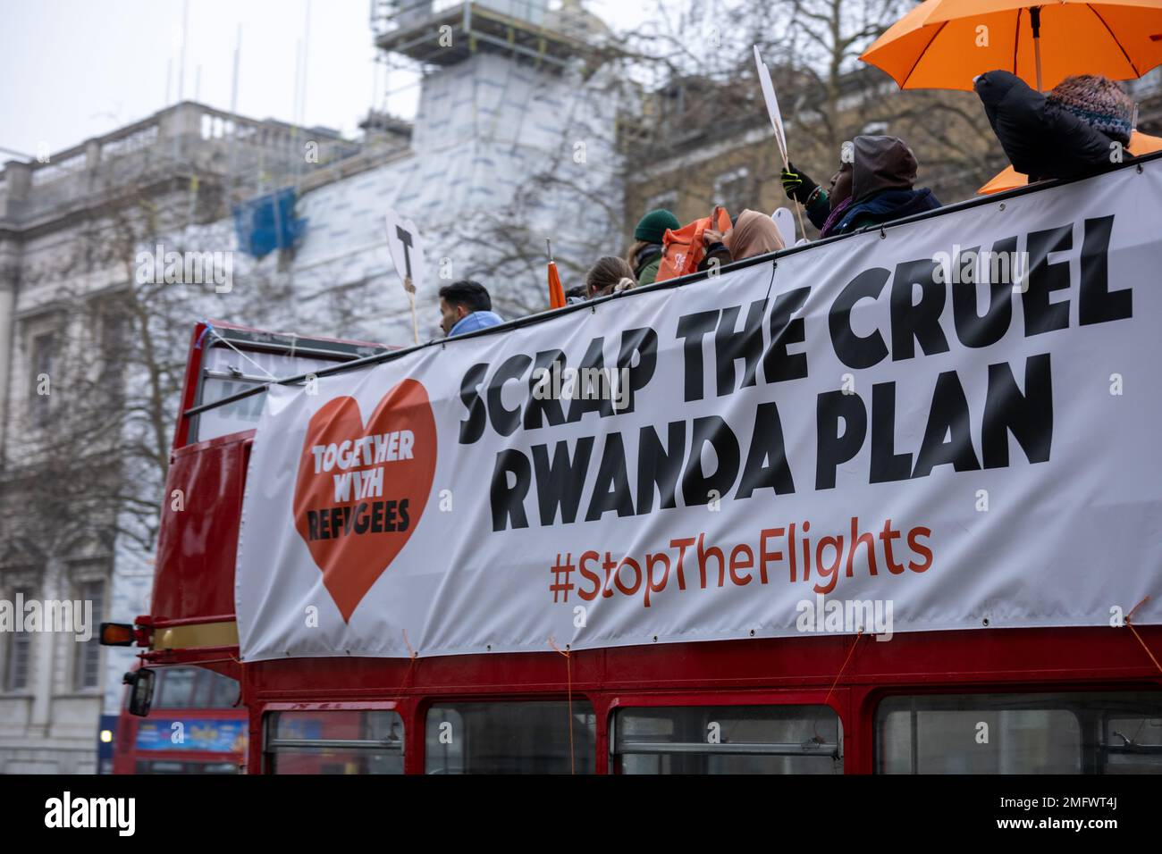 London, UK. 25th Jan, 2023. Rwanda flights protest bus, Whitehall ...