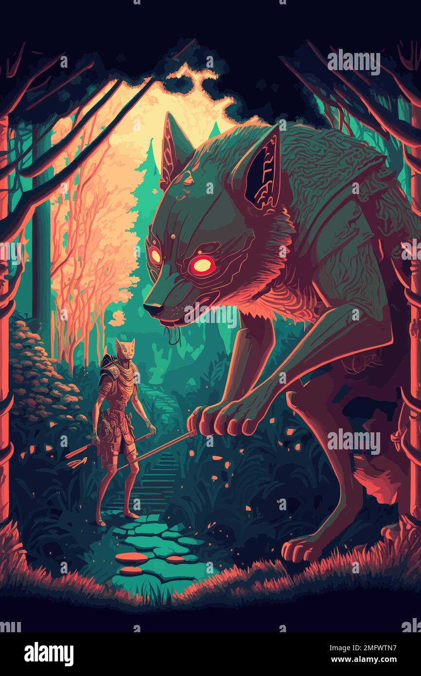 A vector illustration of a demon fox wolf attacking a mysterious ...